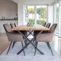 Pharao24.de Esszimmer Sitzgruppe aus Eiche Massivholz Taupe Samt (siebenteilig)