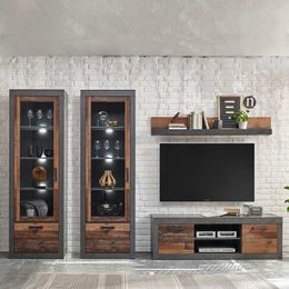 Pharao24.de TV Wohnwand in Dunkelgrau und Altholz Optik Loft Design (vierteilig)
