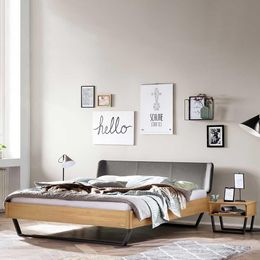 Pharao24.de Factory Doppelbett in Eiche hell und Dunkelgrau 38 cm Einstiegshöhe