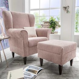 Pharao24.de Ohrenbackensessel in Rosa Cordstoff Hocker (zweiteilig)