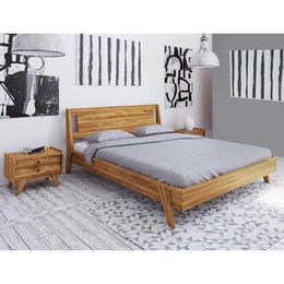 Pharao24.de Doppelbett aus Wildeiche Massivholz zwei Nachtkommoden (dreiteilig)