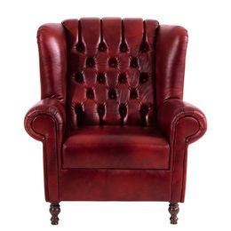 Pharao24.de Dunkelroter Ohrensessel aus Echtleder Chesterfield Look