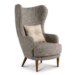 Pharao24.de Kaminsessel Beige Grau aus Boucle Stoff Vierfußgestell aus Holz