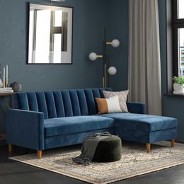 Pharao24.de Ecksofa Samt Bezug blau mit Schlaffunktion Bettkasten