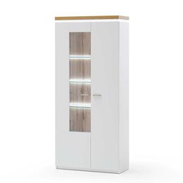 Pharao24.de Wohnzimmervitrine in Weiß und Wildeiche Optik LED Beleuchtung