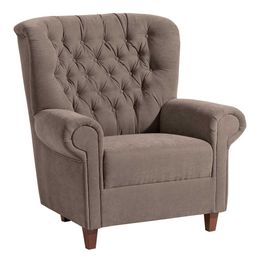 Pharao24.de Federkern Polstersessel in Beigegrau und Nussbaumfarben Chesterfield Look