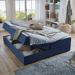 Pharao24.de Boxbett mit Bettkasten Stofbezug Blau ohne Kopfteil