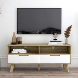 Pharao24.de 140 cm breite TV Bank in Weiß und Sonoma Eiche zwei Schubladen