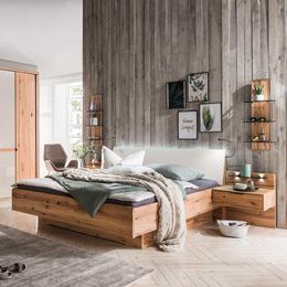 Pharao24.de Großes Bett aus Kernbuche Massivholz Kunstleder in Beige (dreiteilig)