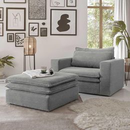 Pharao24.de Sessel & Hocker Cord Hellgrau in modernem Design 125 cm breit (zweiteilig)
