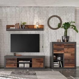 Pharao24.de Wohnzimmerwand im Loft Design Dunkelgrau und Altholz Optik (dreiteilig)
