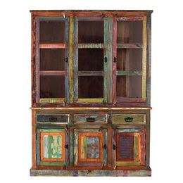 Pharao24.de Shabby Chic Massivholzschrank in Braun Bunt Glastüren