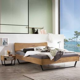 Pharao24.de Flaches Bettgestell aus Wildeiche Massivholz und Stahl Industry und Loft Stil