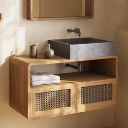 Pharao24.de Waschtisch-Schrank aus Teakholz und Rattan zwei Schubladen