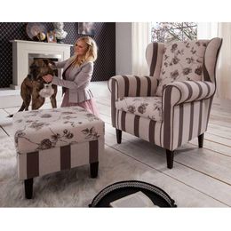Pharao24.de Ohrensessel mit Blumenmuster Braun Beige