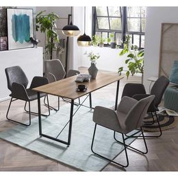 Pharao24.de Esszimmer Sitzgruppe in Akaziefarben und Grau Armlehnern (fünfteilig)