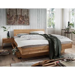 Pharao24.de Bett aus Wildeiche Massivholz geölt Schubkasten und Nachtkommoden (dreiteilig)