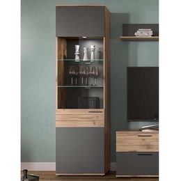 Pharao24.de Wohnzimmervitrine modern in Wildeichefarben & Grau 200 cm hoch