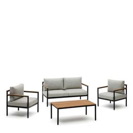 Pharao24.de Lounge Terrassenmöbel aus Aluminium und Teak Polsterauflagen (vierteilig)