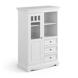 Pharao24.de Weißes Highboard mit Glastür im Landhausstil 130 cm hoch