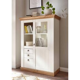 Pharao24.de Highboard Vitrine im Landhausstil Weiß und Wildeiche Dekor