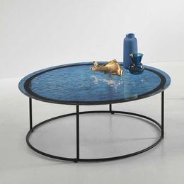 Pharao24.de Strukturglas Couchtisch in Blau und Schwarz Ringgestell
