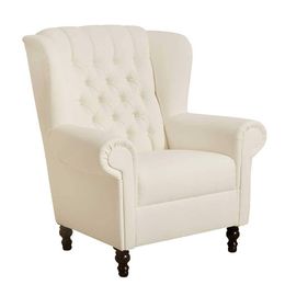 Pharao24.de Kaminsessel in Cremeweiß Flachgewebe Chesterfield Look