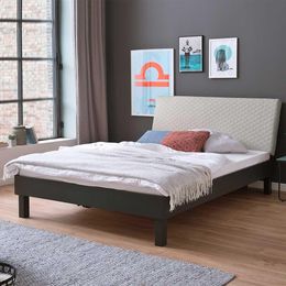 Pharao24.de Tiefes Bett in Dunkelgrau Metall Polsterkopfteil in Beige