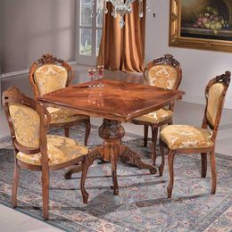 Pharao24.de Barock Esstischgruppe in Beige gemustert und Nussbaum Tisch 95 cm breit (fünfteilig)