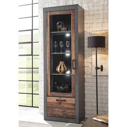 Pharao24.de Esszimmer Vitrine in Dunkelgrau und Altholz Optik 65 cm breit