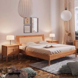 Pharao24.de Bett Wildeiche und Rattan 38 cm Einstiegshöhe auch mit Kommoden