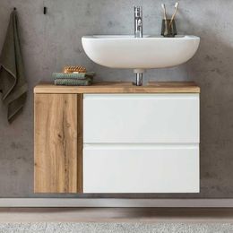 Pharao24.de 85 cm Waschbeckenschrank in Wildeichefarben und Weiß Soft Close