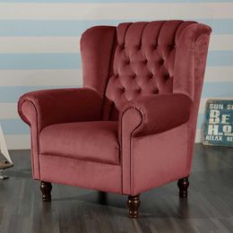 Pharao24.de Ohrenbackensessel Chesterfield aus Samtvelours Ziegel Rot