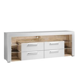 Pharao24.de Fernsehunterschrank in Weiß und Holzoptik antik vier Schubladen