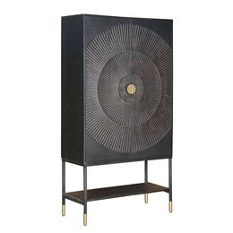 Pharao24.de Whiskyschrank schwarz aus Mangobaum Massivholz & Metall 190 cm hoch