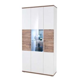 Pharao24.de Kombi Vitrine in Weiß Hochglanz und Eiche Dekor 100 cm breit