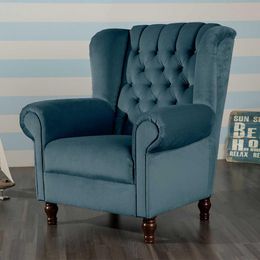 Pharao24.de Ohrensessel in Petrol Samtvelours Chesterfield Look