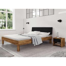Pharao24.de Niedriges Bett aus Wildeiche teilmassiv schwarzem Webstoff Kopfteil (dreiteilig)