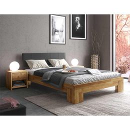 Pharao24.de Doppelbett mit Konsolen in Eiche und Schwarz Massivholz (dreiteilig)