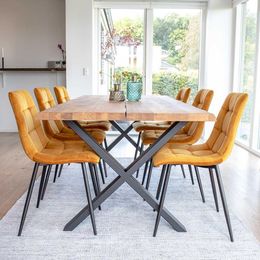 Pharao24.de Design Esszimmergruppe aus Eiche Massivholz Ocker Samt (siebenteilig)