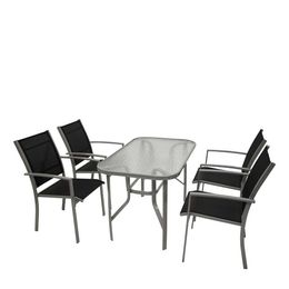 Pharao24.de Terrassensitzgruppe in Schwarz und Silberfarben Glastisch (fünfteilig)
