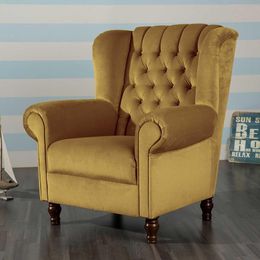 Pharao24.de Armlehnsessel Samtvelours im Chesterfield Look Gelb und Nussbaumfarben