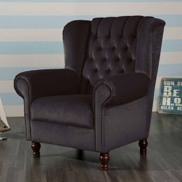 Pharao24.de Chesterfield Look Polstersessel in Schwarz Samtvelours Federkern
