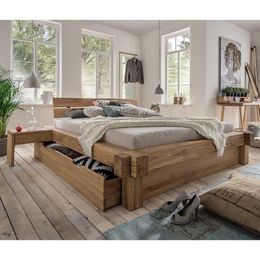 Pharao24.de Doppelbett aus Wildeiche Massivholz Schublade (dreiteilig)