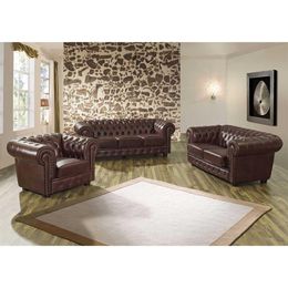 Pharao24.de Braune Polstermöbel Gruppe aus Echtleder Chesterfield Look (dreiteilig)