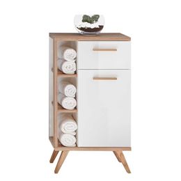 Pharao24.de Badezimmerschrank Beistellschrank Bad im Skandi Design mit Holzgriffen