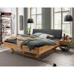 Pharao24.de Wildeiche Bett mit Polsterkopfteil in Anthrazit 43 cm Einstiegshöhe