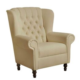 Pharao24.de Chesterfield Ohrensessel in Beige Flachgewebe Vierfußgestell aus Holz