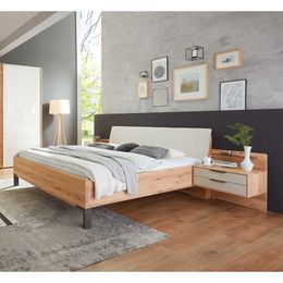 Pharao24.de Bettgestell aus Kernbuche Massivholz Kunstleder in Beige (dreiteilig)