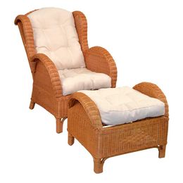Pharao24.de Ohrensessel Rattan mit Hocker im Landhausstil Honigfarben (zweiteilig)